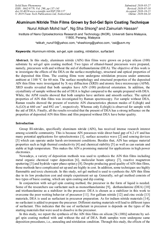 Aluminum Nitride Thin Films Grown by Sol-Gel Spin Coating Technique ...
