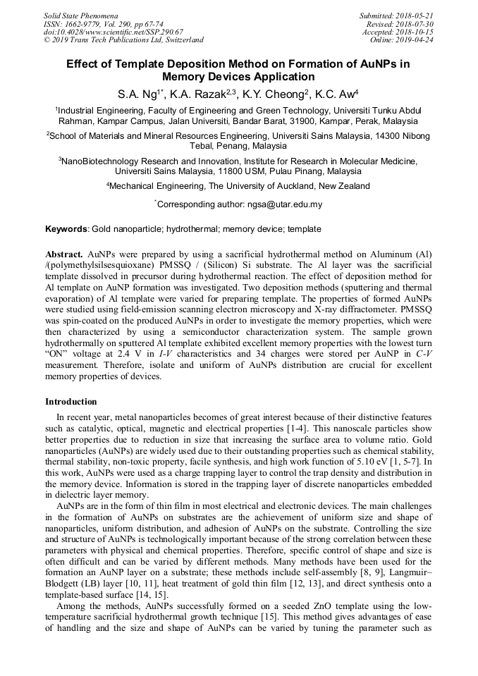 Effect of Template Deposition Method on Formation of AuNPs in Memory ...