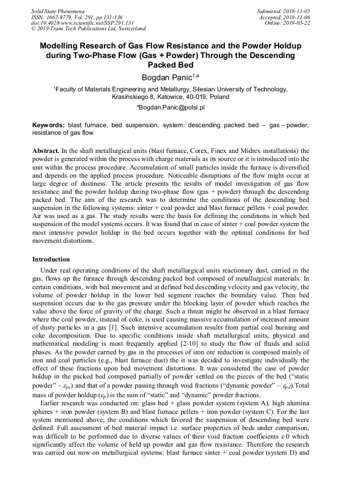 Modelling Research of Gas Flow Resistance and the Powder Holdup during ...