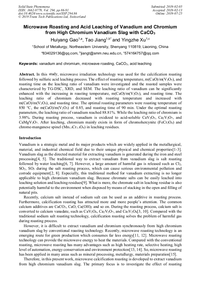 Microwave Roasting and Acid Leaching of Vanadium and Chromium from High ...