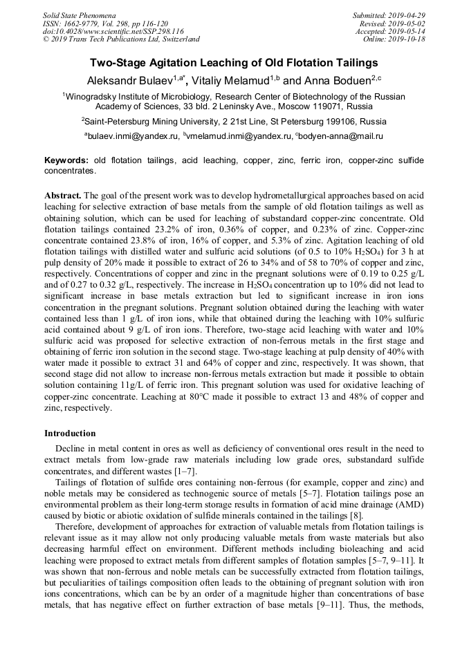Two-Stage Agitation Leaching of Old Flotation Tailings | Scientific.Net