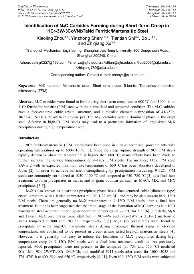 Identification of M6C Carbides Forming during Short-Term Creep in 11Cr ...