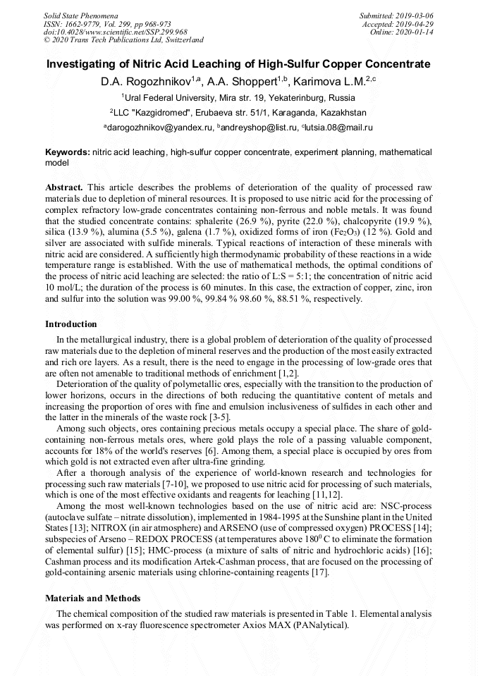 Investigating of Nitric Acid Leaching of High-Sulfur Copper Concentrate ...