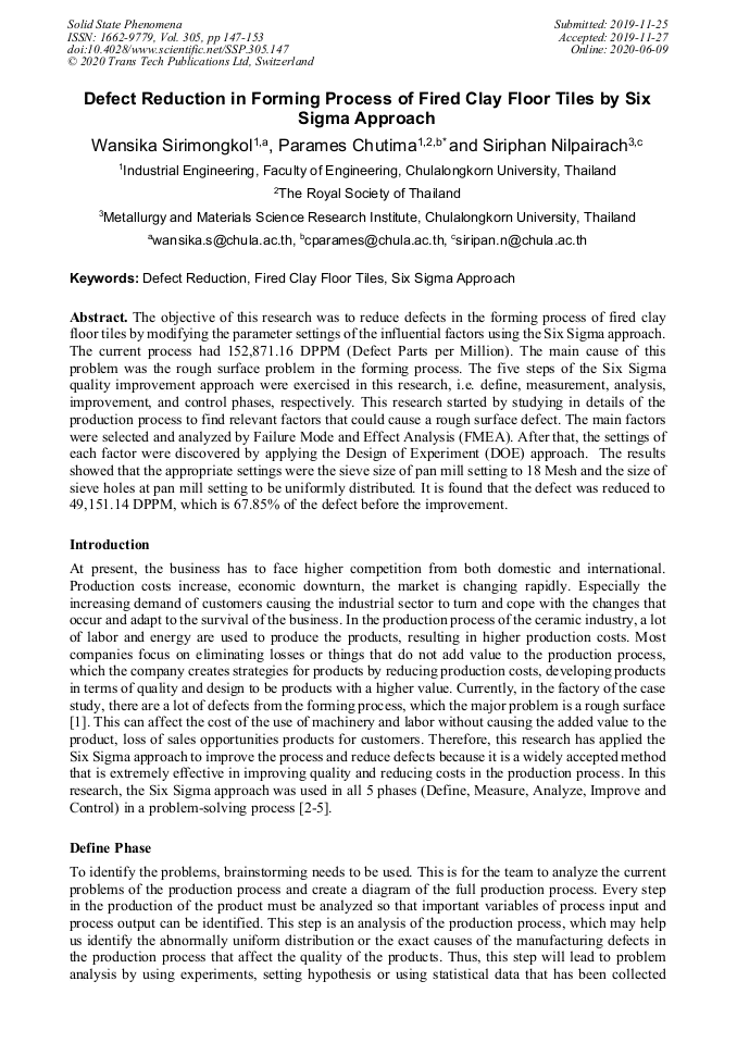 Defect Reduction in Forming Process of Fired Clay Floor Tiles by Six ...