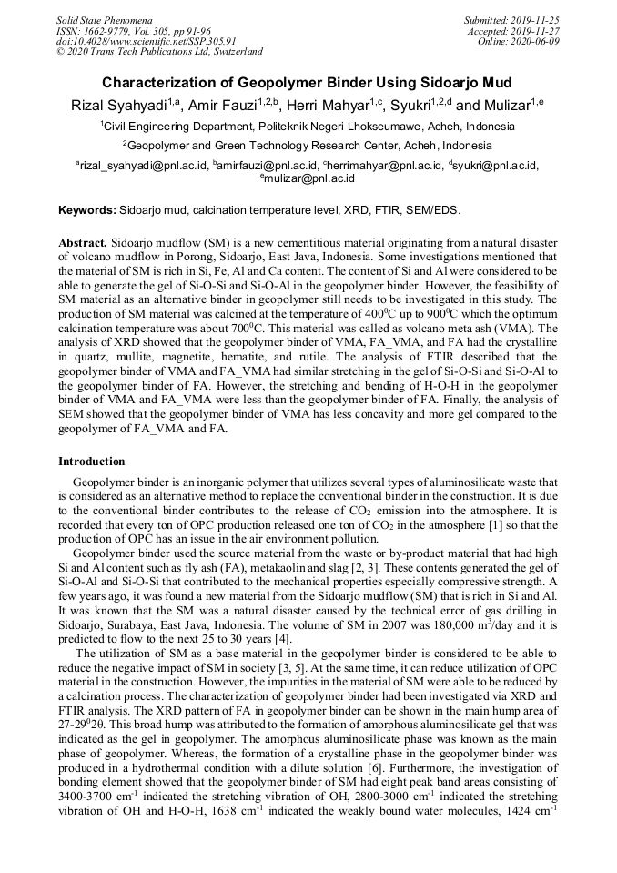 Characterization of Geopolymer Binder Using Sidoarjo Mud | Scientific.Net