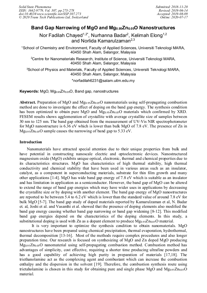 Band Gap Narrowing of MgO and Mg0.95Zn0.05O Nanostructures | Scientific.Net