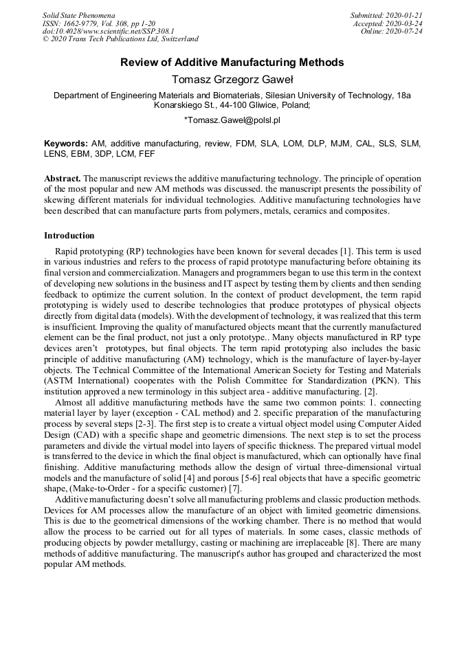 Review of Additive Manufacturing Methods | Scientific.Net