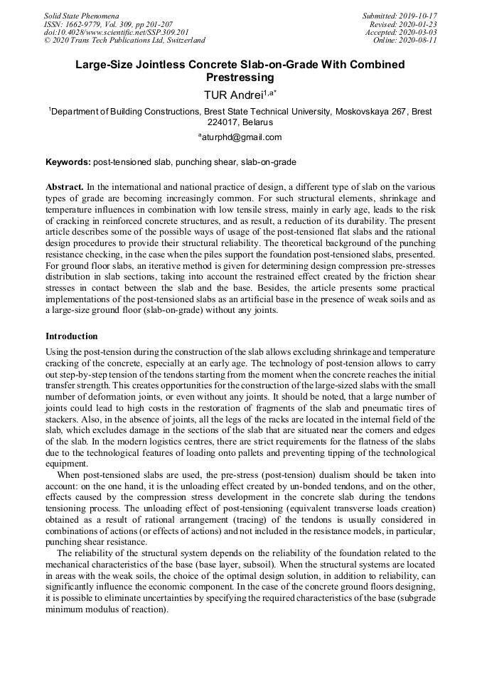 Large-Size Jointless Concrete Slab-on-Grade with Combined Prestressing ...