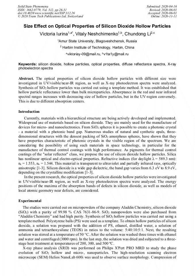 Size Effect on Optical Properties of Silicon Dioxide Hollow Particles ...