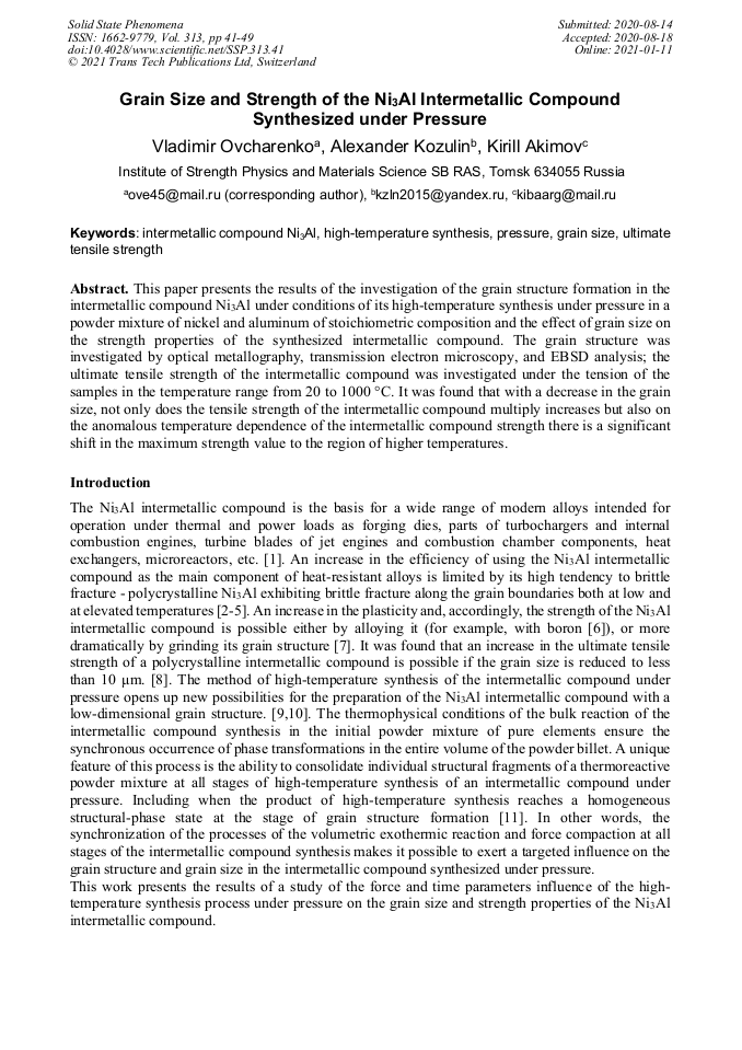 Grain Size and Strength of the Ni3Al Intermetallic Compound Synthesized ...