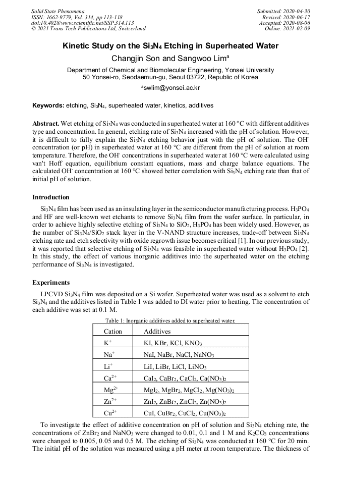 Kinetic Study on the Si3N4 Etching in Superheated Water | Scientific.Net