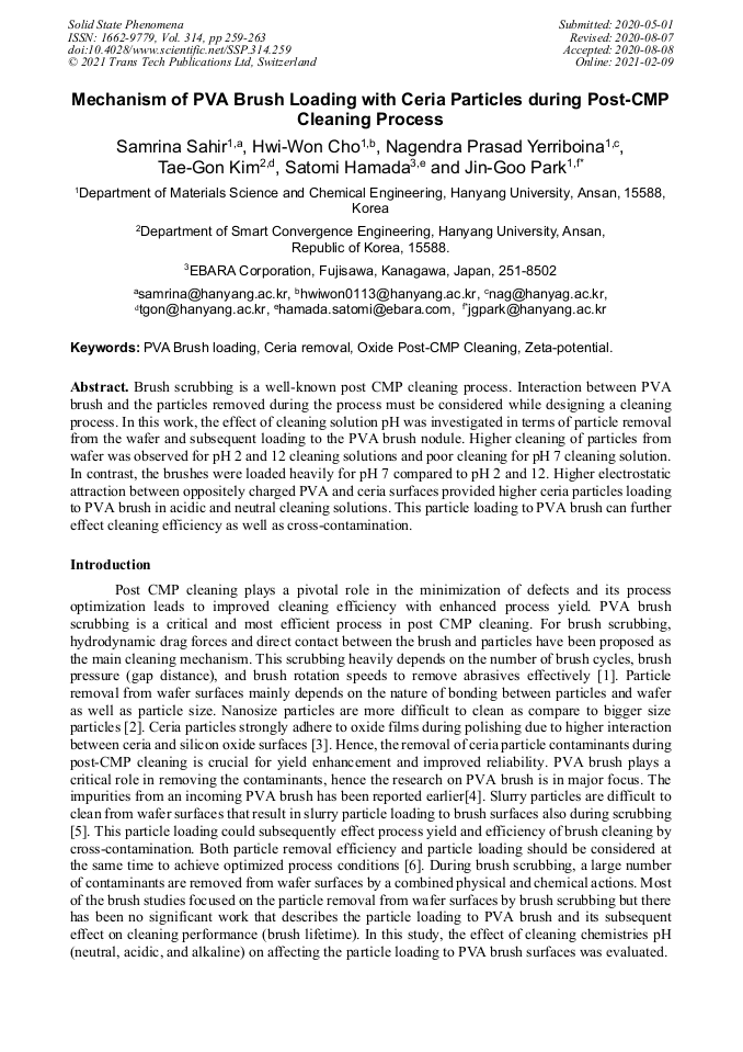 Mechanism of PVA Brush Loading with Ceria Particles during Post-CMP ...