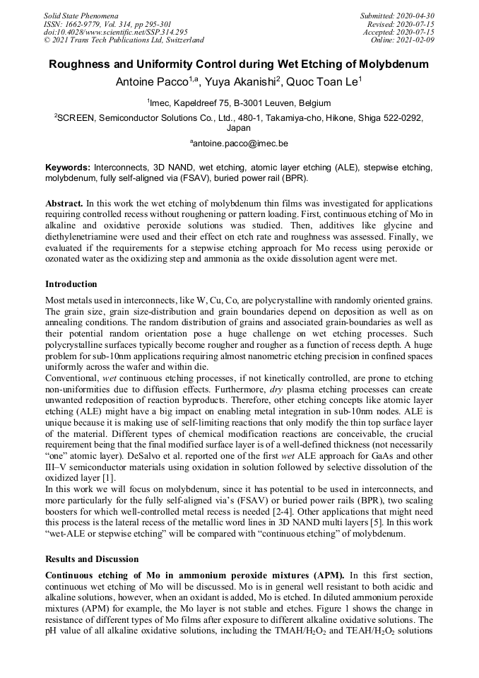 Roughness and Uniformity Control during Wet Etching of Molybdenum ...