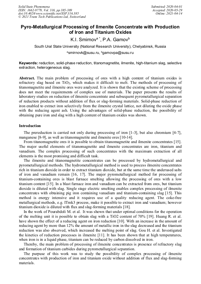 Pyro-Metallurgical Processing of Ilmenite Concentrate with Production ...