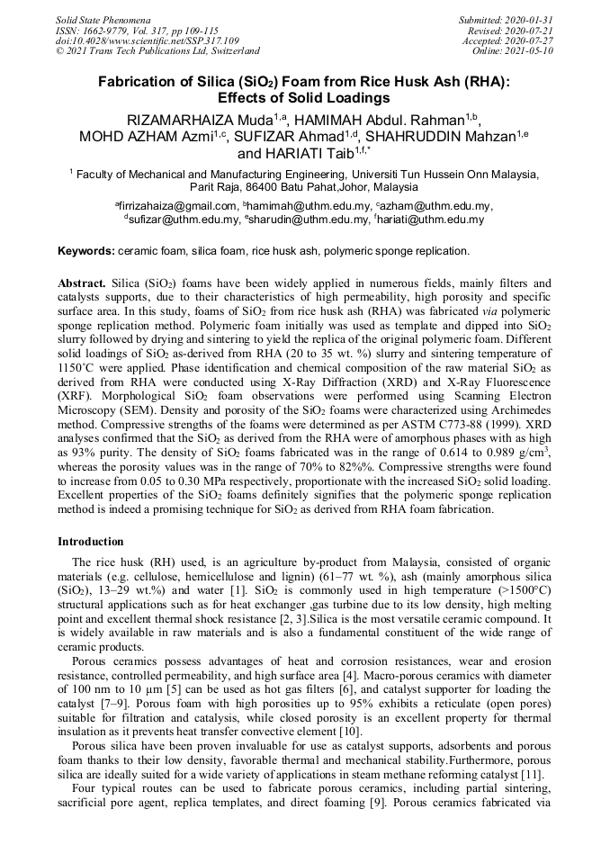 Fabrication of Silica (SiO2) Foam from Rice Husk Ash (RHA): Effects of ...