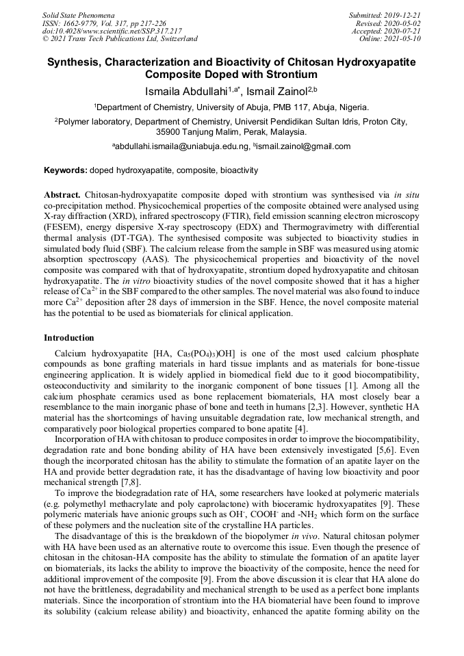 Synthesis, Characterization and Bioactivity of Chitosan Hydroxyapatite ...