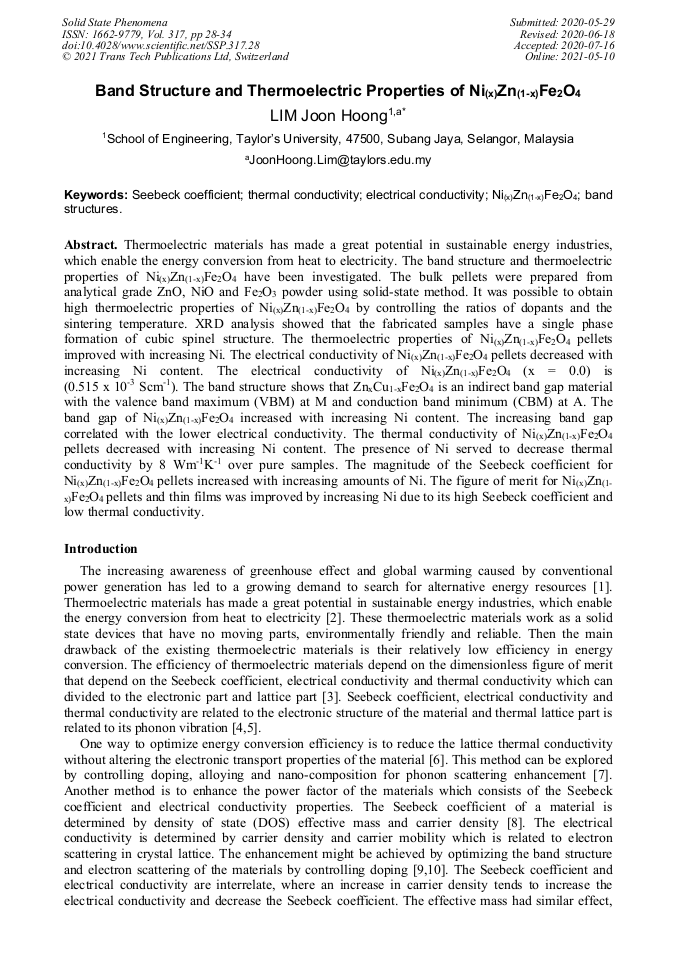 Band Structure and Thermoelectric Properties of Ni(x)Zn(1-x)Fe2O4 ...