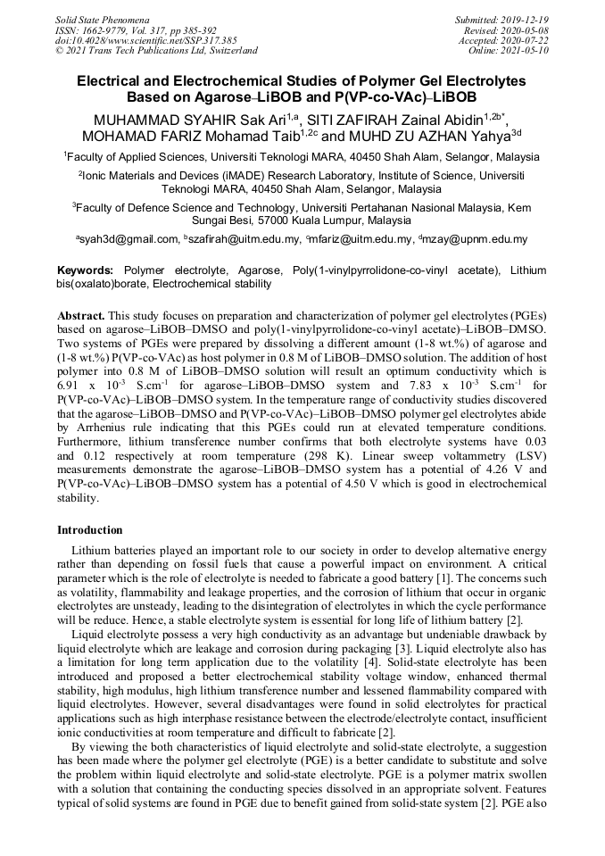 Electrical and Electrochemical Studies of Polymer Gel Electrolytes ...