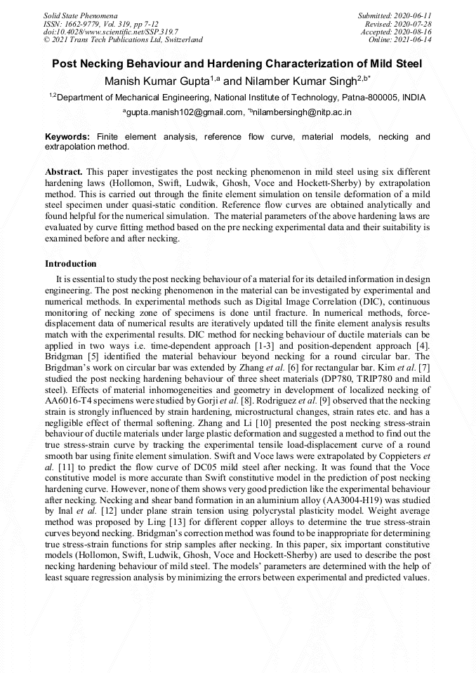 Post Necking Behaviour and Hardening Characterization of Mild Steel ...