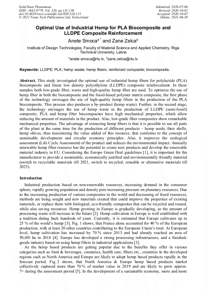 Optimal Use of Industrial Hemp for PLA Biocomposite and LLDPE Composite ...