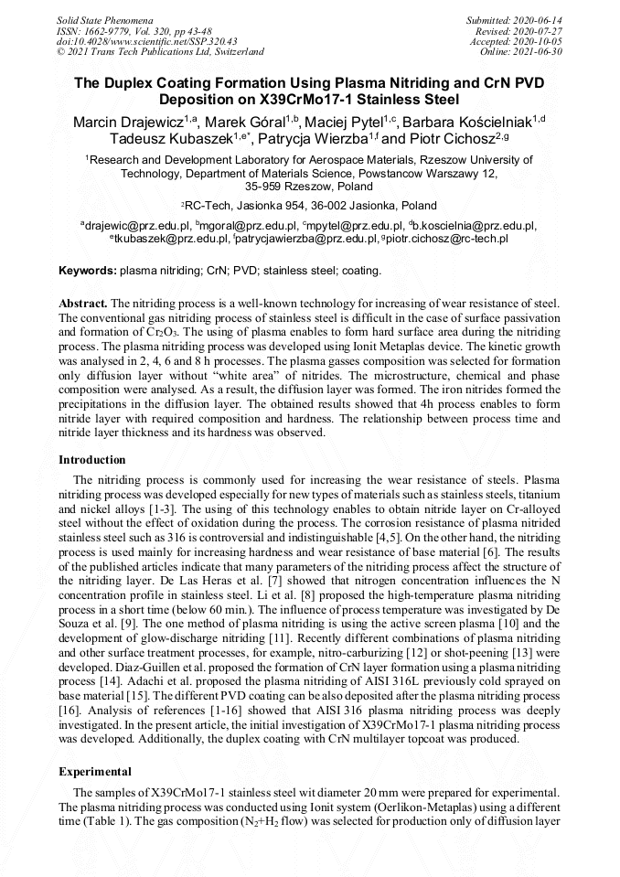 The Duplex Coating Formation Using Plasma Nitriding and CrN PVD ...