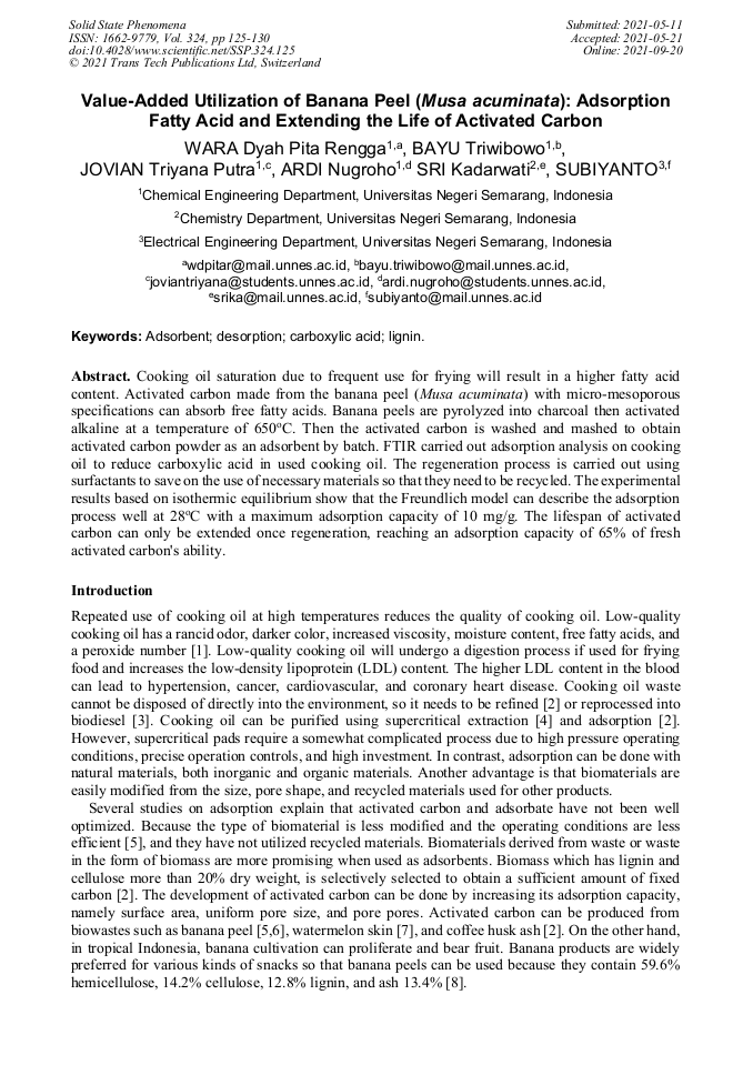 Value-Added Utilization of Banana Peel (Musa acuminata): Adsorption ...