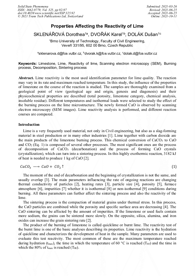 Properties Affecting the Reactivity of Lime | Scientific.Net