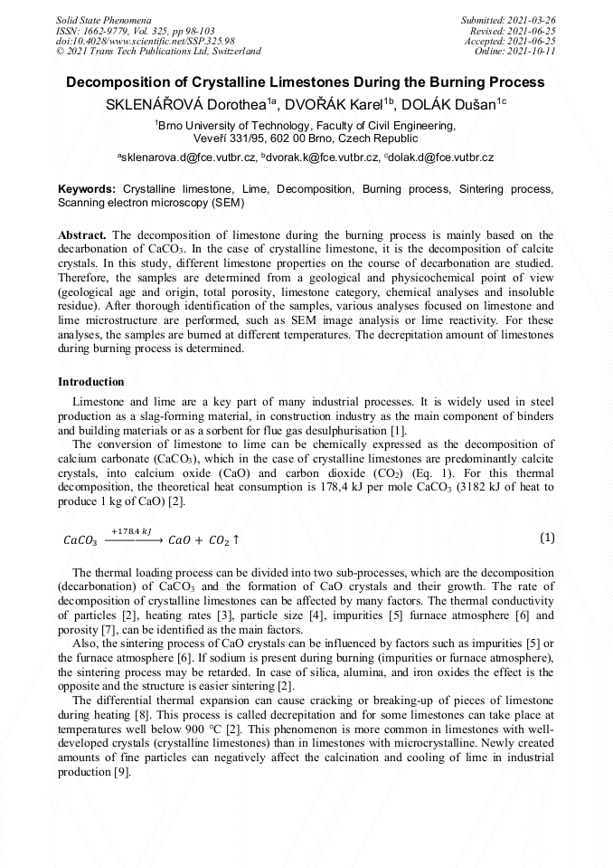 Decomposition of Crystalline Limestones during the Burning Process ...