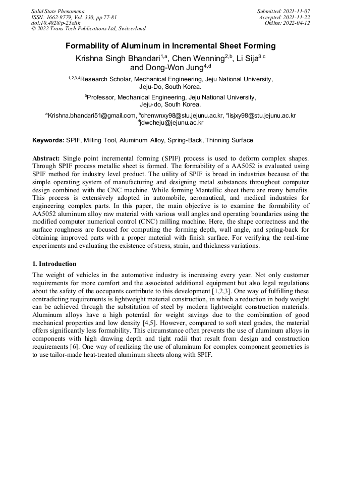 Formability of Aluminum in Incremental Sheet Forming | Scientific.Net