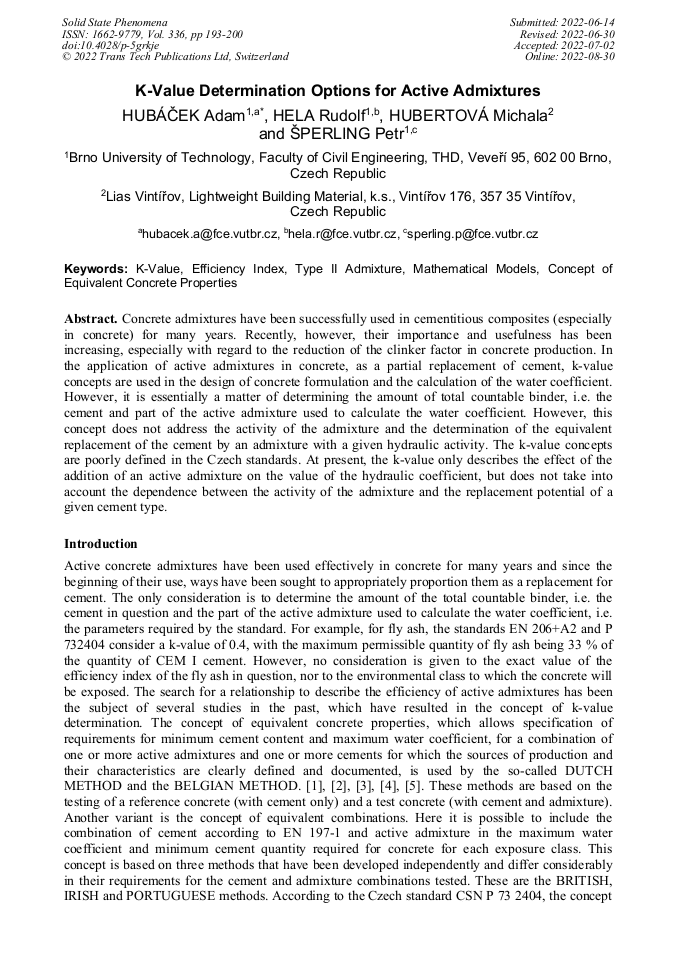 K-Value Determination Options for Active Admixtures | Scientific.Net