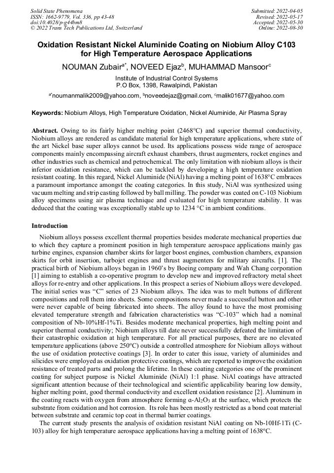 Oxidation Resistant Nickel Aluminide Coating on Niobium Alloy C103 for ...