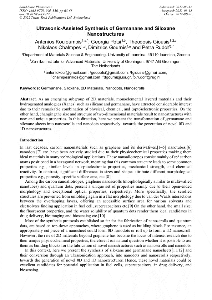 Ultrasonic-Assisted Synthesis of Germanane and Siloxane Nanostructures ...