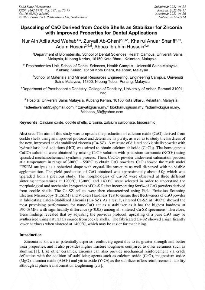 Upscaling of CaO Derived from Cockle Shells as Stabilizer for Zirconia ...