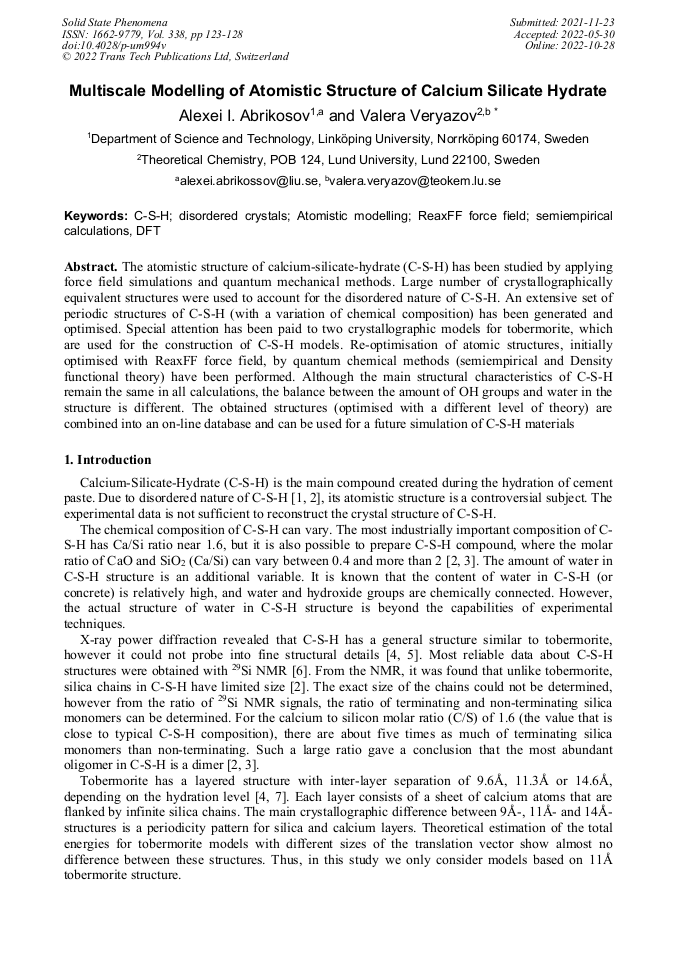 Multiscale Modelling of Atomistic Structure of Calcium Silicate Hydrate ...