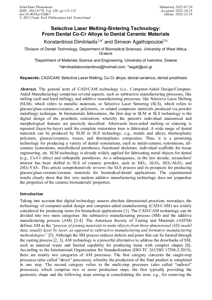 Selective Laser Melting-Sintering Technology: From Dental Co-Cr Alloys ...