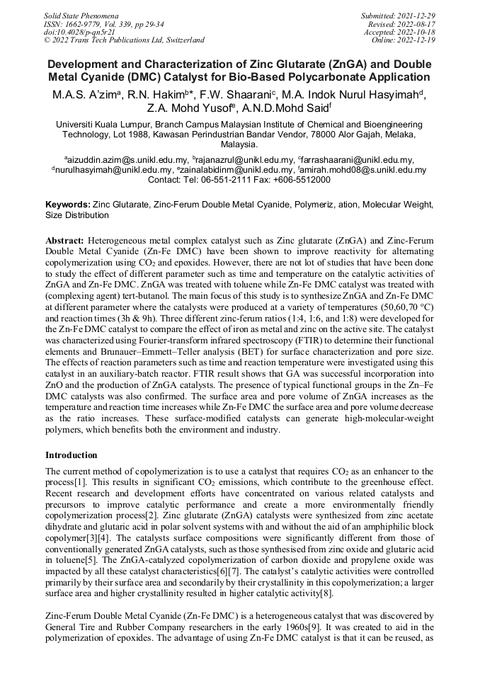 Development and Characterization of Zinc Glutarate (ZNGA) and Double ...
