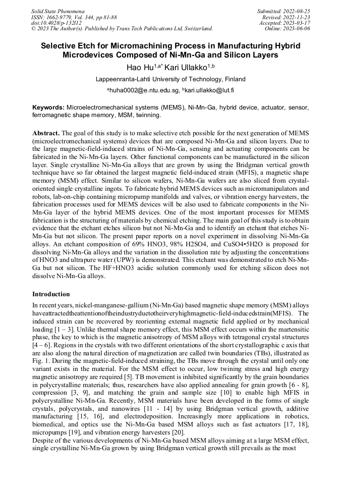 Selective Etch for Micromachining Process in Manufacturing Hybrid ...