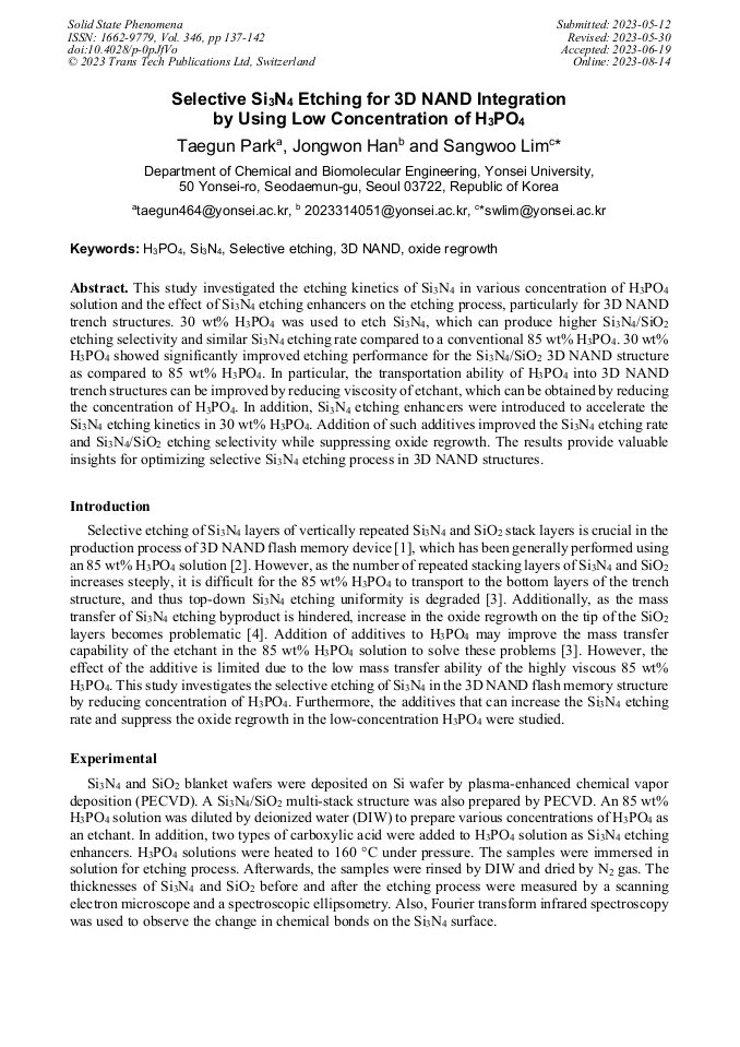 Selective Si3N4 Etching for 3D NAND Integration by Using Low ...