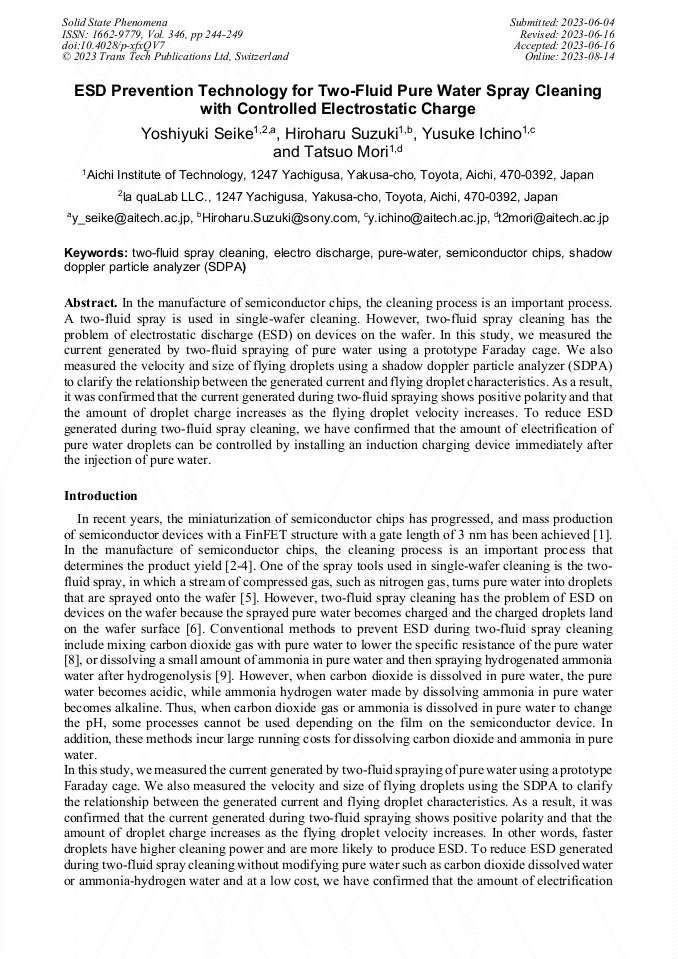 ESD Prevention Technology for Two-Fluid Pure Water Spray Cleaning with ...