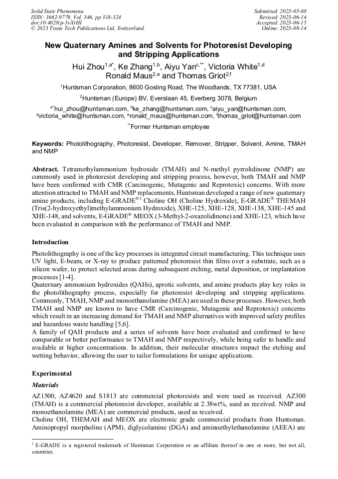 New Quaternary Amines and Solvents for Photoresist Developing and ...