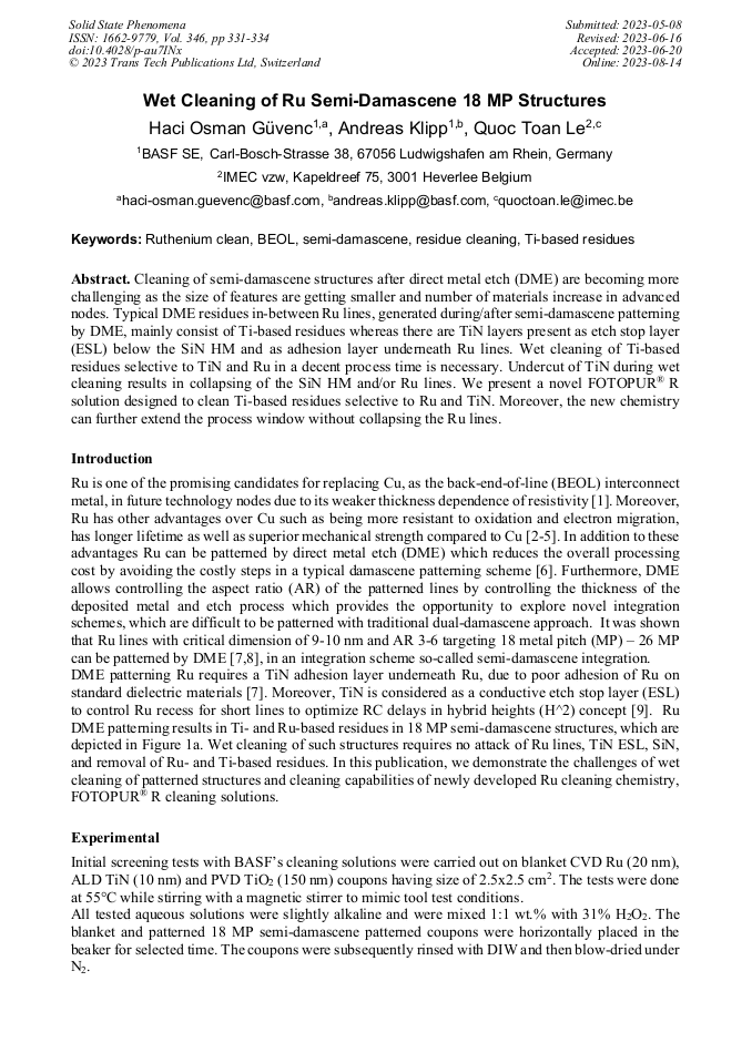 Wet Cleaning of Ru Semi-Damascene 18 MP Structures | Scientific.Net