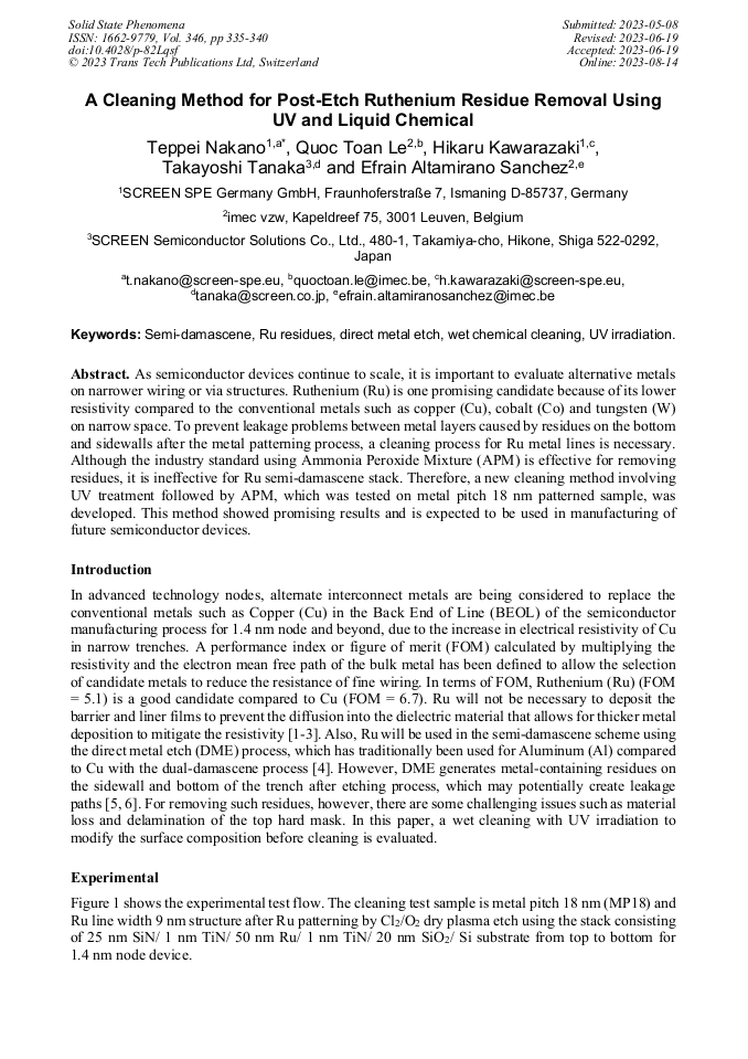 A Cleaning Method for Post-Etch Ruthenium Residue Removal Using UV and ...