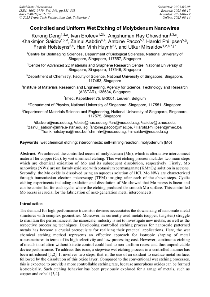 Controlled and Uniform Wet Etching of Molybdenum Nanowires | Scientific.Net
