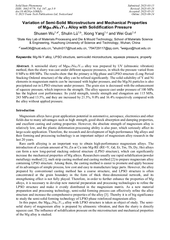 Variation of Semi-Solid Microstructure and Mechanical Properties of Mg98.5Ni0.5Y1.0 Alloy with ...