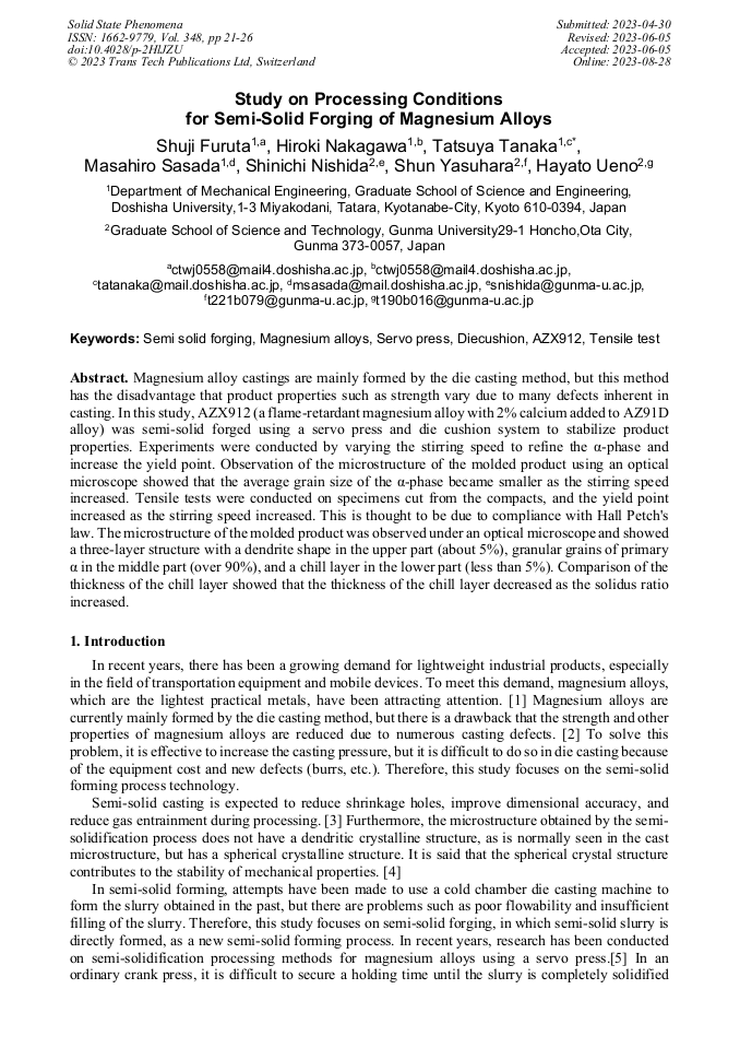Study on Processing Conditions for Semi-Solid Forging of Magnesium ...