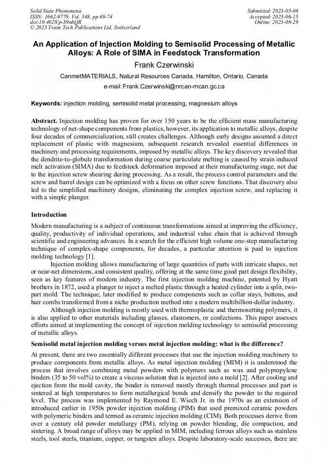 An Application of Injection Molding to Semisolid Processing of Metallic ...
