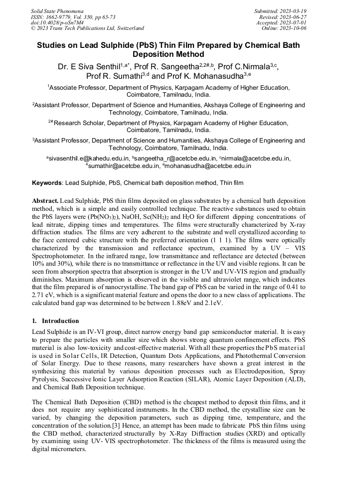 Studies on Lead Sulphide (PbS) Thin Film Prepared by Chemical Bath ...