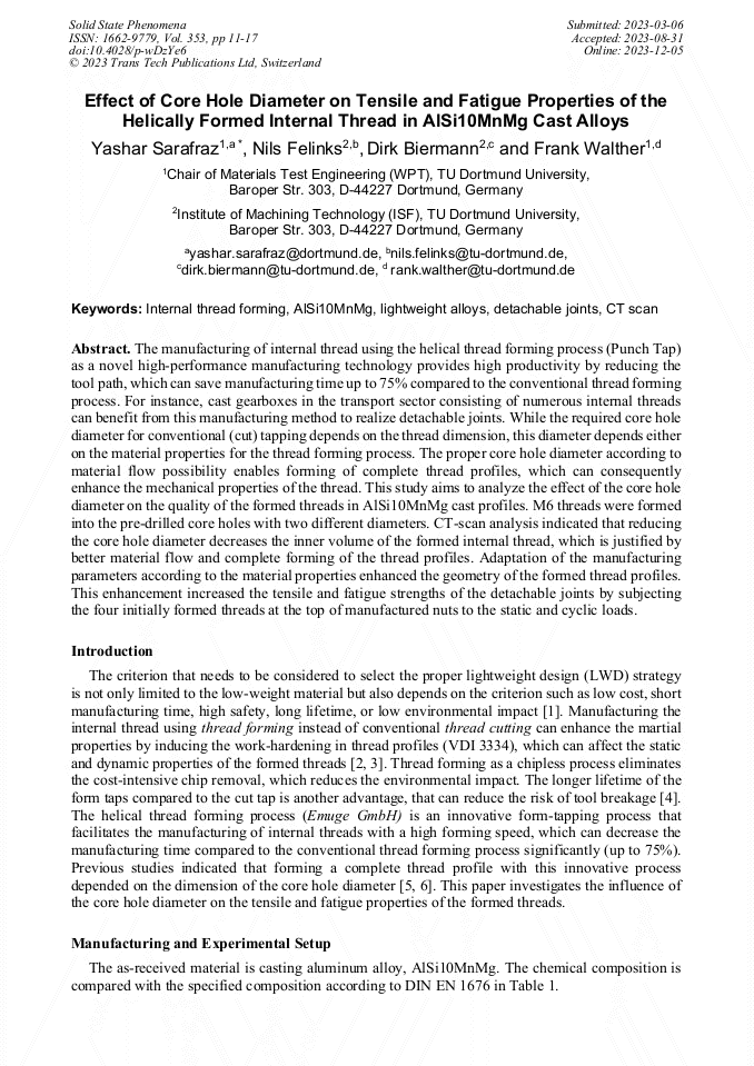 Effect of Core Hole Diameter on Tensile and Fatigue Properties of the ...