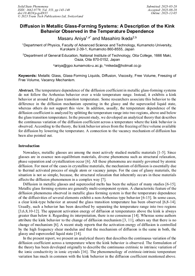 Diffusion in Metallic Glass-Forming Systems: A Description of the Kink ...