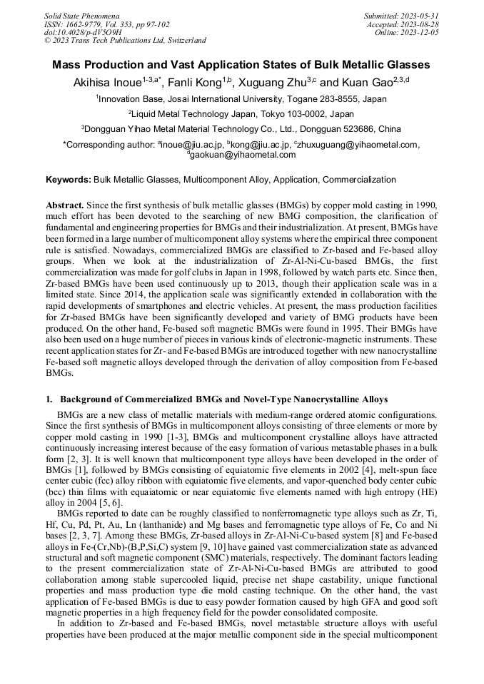 Mass Production and Vast Application States of Bulk Metallic Glasses ...